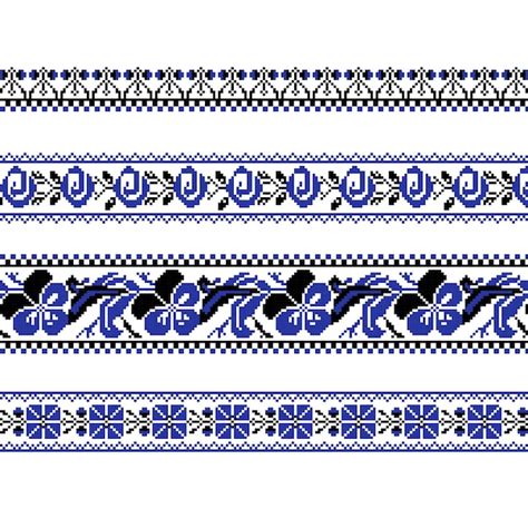 크로스 스티치 꽃과 민족 장식 패턴의 집합 프리미엄 벡터