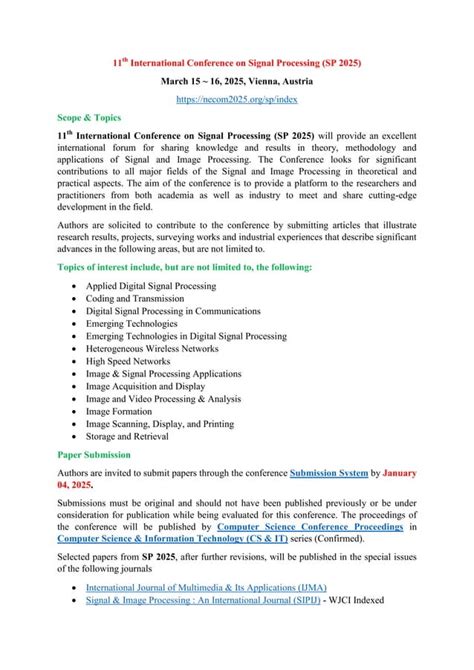 11th International Conference On Signal Processing Sp 2025 Pdf