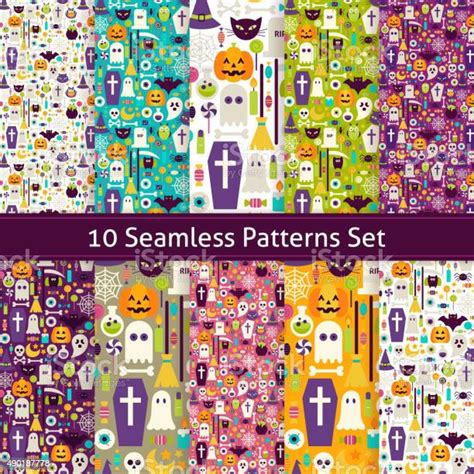 Ten Vector Flat Seamless Halloween Party Patterns Set Stock