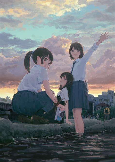 Safebooru 3girls Arm Up Black Eyes Black Hair Black Socks Blue