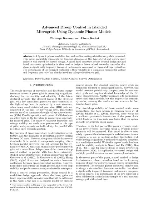 Pdf Advanced Droop Control In Islanded Microgrids Using Dynamic Phasor Models