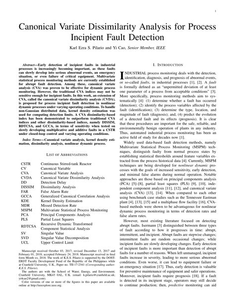 Pdf Canonical Variate Dissimilarity Analysis For Process Incipient Fault Detection