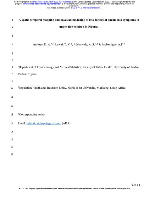 Pdf A Spatio Temporal Mapping And Bayesian Modelling Of Risk Factors Of Pneumonia Symptoms In