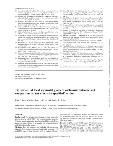 Pdf Tip Variant Of Focal Segmental Glomerulosclerosis Outcome And Comparison To Not