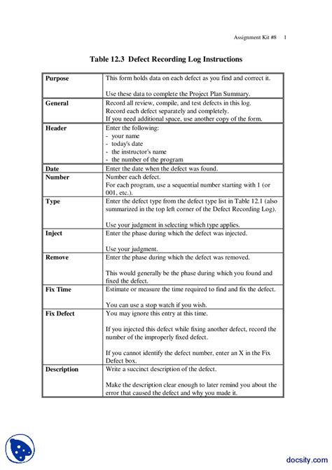 Defect Recording Log Instructions Codes And Instructions Software