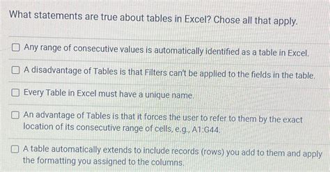 solved what statements are true about tables in excel chose