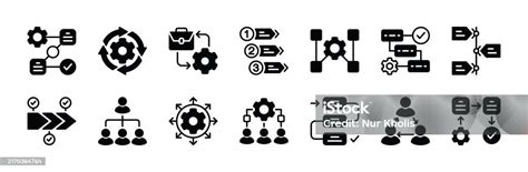 비즈니스 워크플로우 플랫 아이콘 세트입니다 프로세스 생산성 관리 시스템 효율성 계층 구조 팀워크 단계 연결 생산을 포함합니다 벡터 일러스트 레이 션 개선에 대한 스톡 벡터