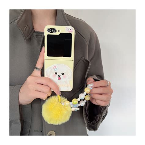 블러셔 말티즈 퍼피 노랑 털구슬 스트랩 케이스 갤럭시 Z플립3 Z플립4 Z플립5