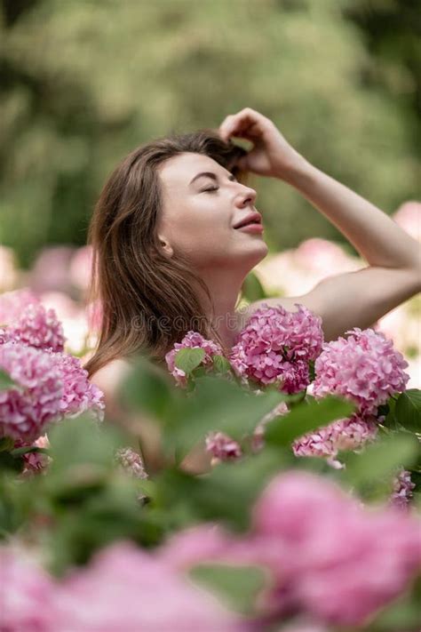 Hydrangeas Happy Woman In Pink Dress Amid Hydrangeas Large Pink