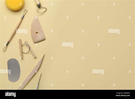 Set Of Clay Modeling Tools On Beige Background Flat Lay Space For Text Stock Photo Alamy