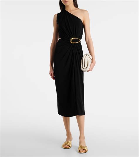 Cutout Gathered Crêpe Jersey Midi Dress In Black Bottega Veneta