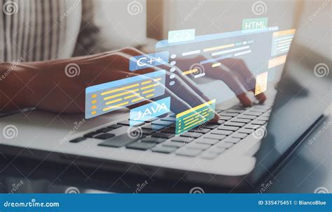 Software Developer Work With Coding Overlays Of Programming Languages Eide Stock Image Image