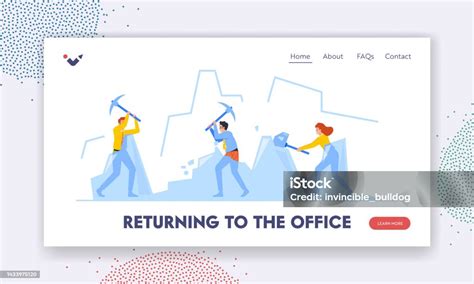 Office 방문 페이지 템플릿으로 돌아갑니다 비즈니스 캐릭터는 얼음 덩어리를 깨고 쇄빙선 그룹은 슬레지 해머를 사용합니다 쇄빙선 선박 산업에 대한 스톡 벡터 아트 및 기타