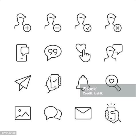 소셜 미디어 픽셀 퍼펙트 라인 아이콘 세트 편집 가능한 획 무게 Brand Name Online Messaging Platform에 대한 스톡 벡터 아트 및 기타 이미지