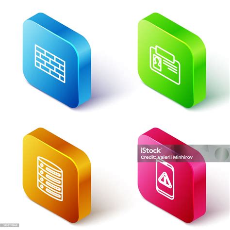 Set Isometric Line Firewall Security Wall Identification Badge Server Data Web Hosting And