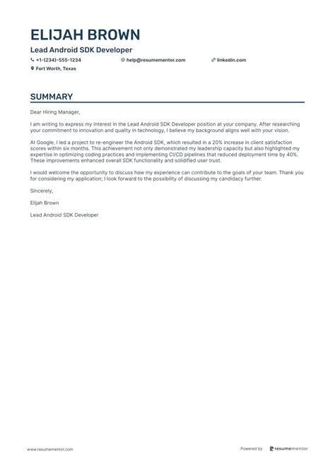 Android Developer Cover Letter Examples By ResumeMentor Com Professional Cover Letters