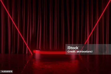 빈 연단 붉은 색 네온 빛나는 조명 커튼 전시 배경 크리스마스 새해 개념 3차원 형태에 대한 스톡 사진 및 기타 이미지 3차원 형태 무대 빨강 Istock
