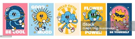 복고풍 날씨 캐릭터 만화 자연 마스코트 귀여운 지구 재미 있는 태양 구름 미소 짓는 별 그리고 감정이 있는 행성 만화적인 요소가 있는 포스터입니다 벡터 세트 등장인물에 대한