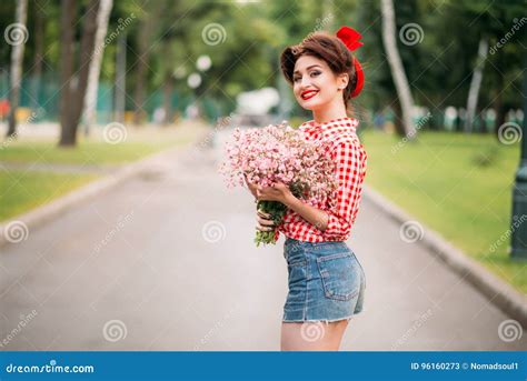 Pinup Girl With Bouquet Of Flowers Retro Fashion Stock Image Image