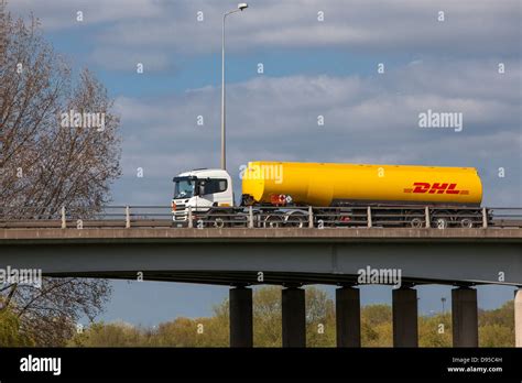 A Dhl Tanker Crosses A Flyover On The A5 Bypass In The Midlands Stock