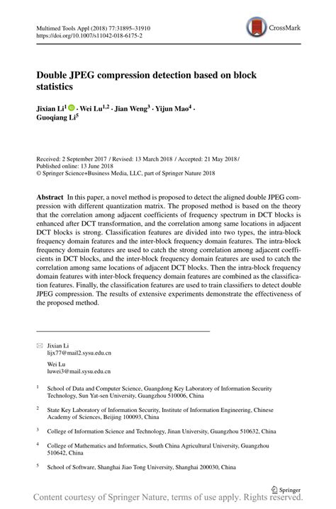 Double Jpeg Compression Detection Based On Block Statistics Request Pdf