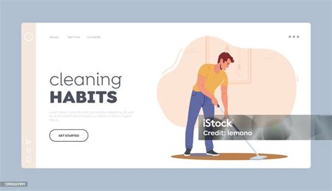 홈 루틴 가사 의무 방문 페이지 템플릿 거실에서 가사 노동을하는 청년 바닥 청소 가사 집안일에 대한 스톡 벡터 아트 및 기타 이미지 가사 집안일 가정 생활 가정의 방