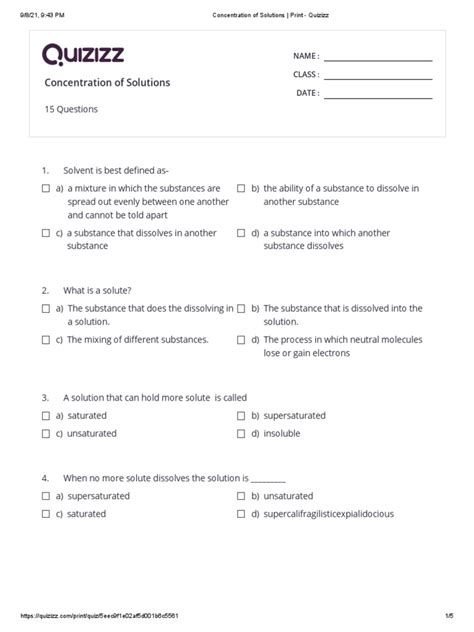 Concentration Of Solutions Quiz Pdf Solution Solvation