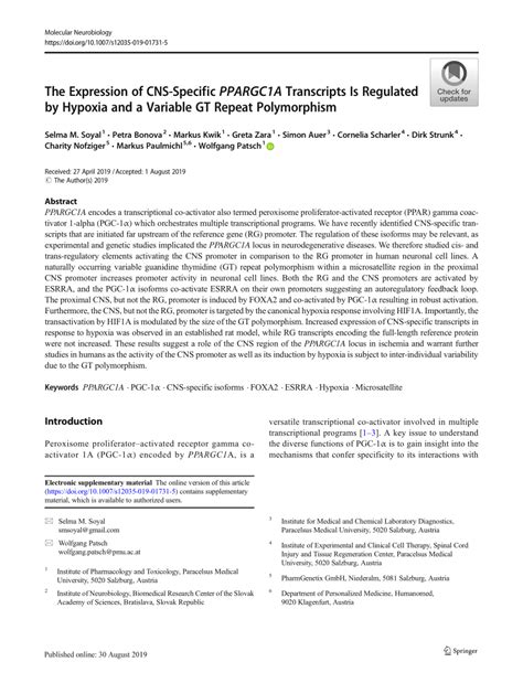 Pdf The Expression Of Cns Specific Ppargc1a Transcripts Is Regulated By Hypoxia And A Variable