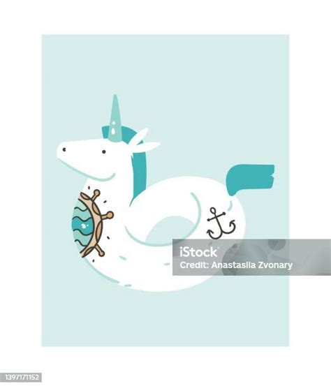 손 그린된 벡터 추상적인 그래픽 창작 만화 일러스트 아이콘 흰색 배경에 고립 된 구식 문신과 간단한 유니콘 수영장 플 로트 부 표 반지 교육에 대한 스톡 벡터 아트 및 기타