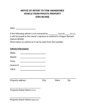 Fillable Online NOTICE OF INTENT TO TOW ABANDONED VEHICLE FROM Fax