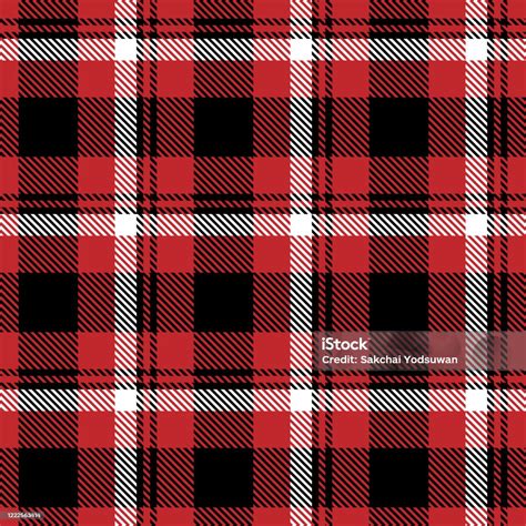 타탄 격자 무늬 이음새가 있는 패턴 빨간색 배경입니다 플란넬 셔츠 배경 화면 벡터 일러스트 레이션 검은 색 흰색 선 색상 직물