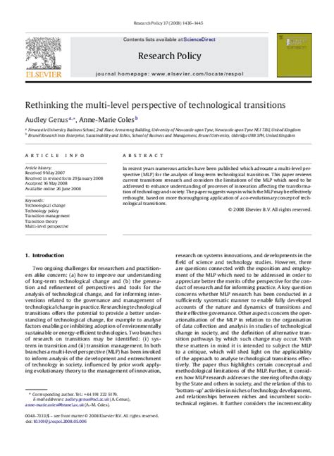 Pdf Rethinking The Multi Level Perspective Of Technological Transitions