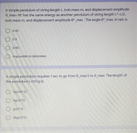 Solved A Simple Pendulum Of String Length L Bob Mass M And