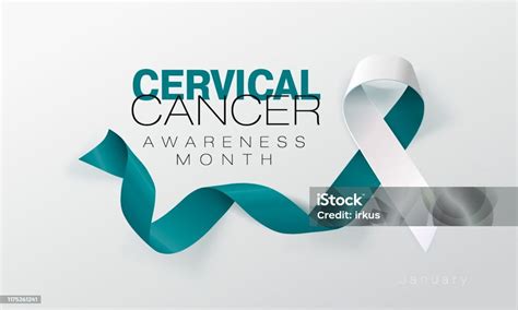 자궁 경부암 인식 서예 포스터 디자인 현실적인 청록과 흰색 리본입니다 1월은 암 인식의 달입니다 벡터 그림 0명에 대한 스톡 벡터 아트 및 기타 이미지 Istock