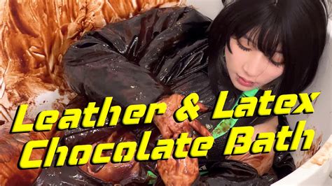 A Chocolate Messy Bath With Shiny Latex Puffer Down Jacket Leather