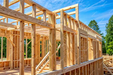 Closeup Detail Of New House Construction Wall Wood Framing Started And