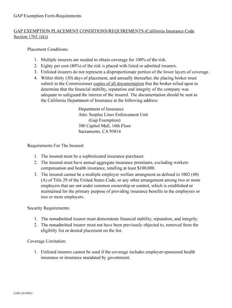 Fillable Online Gap Exemption Form Requirements Gap Exemption Fax