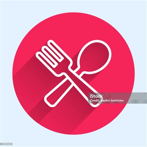 긴 그림자로 분리 된 흰색 선 크로스 포크와 숟가락 아이콘 조리 기구 칼 붙이 기호 빨간색 원 버튼입니다 벡터 그릇에 대한 스톡 벡터 아트 및 기타 이미지 Istock