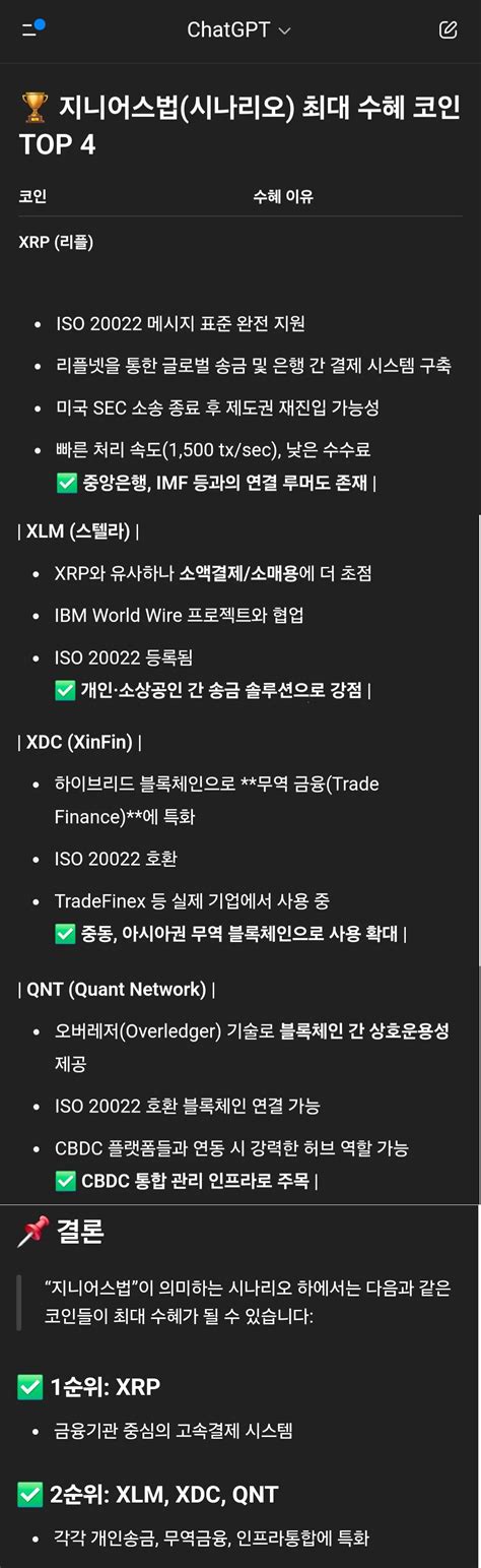 챗gpt가 알려주는 지니어스법 수혜 코인 답지 코인니스