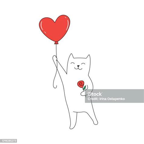 빨간 하트 모양의 풍선에 비행 고양이 귀여운 만화 고양이 발렌타인 데이 인사말 그려진 벡터 그림입니다 포스터 티셔츠 엽서에 적합합니다 가축에 대한 스톡 벡터 아트 및 기타