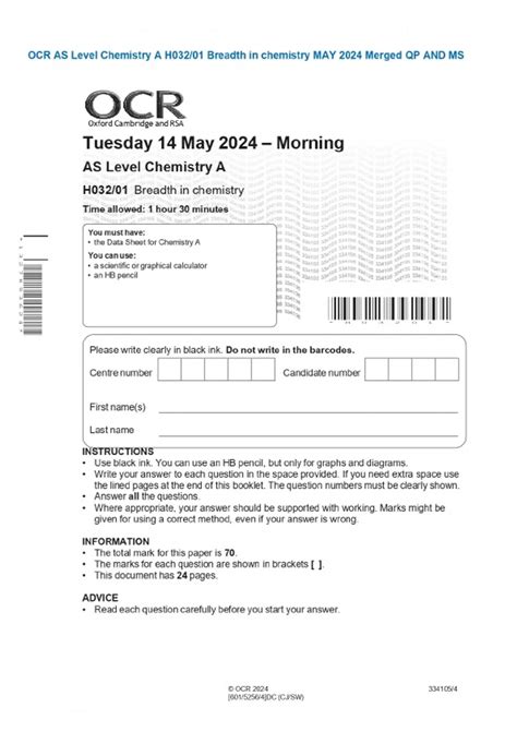 OCR AS Level Chemistry A H032 01 Breadth In Chemistry MAY 2024 Merged QP AND MS OCR A AS
