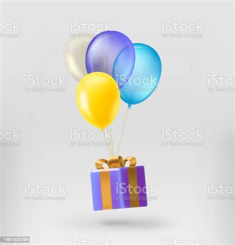 노란색과 파란색 공기 풍선이 있는 선물 상자 3d 벡터 일러스트 레이 션 열기구에 대한 스톡 벡터 아트 및 기타 이미지 열기구 풍선 선물 Istock