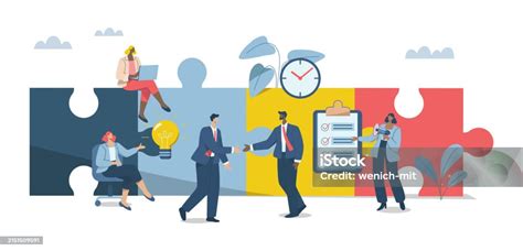 팀워크의 상징 효과적인 팀워크 사업가들이 조화를 이루며 직소 퍼즐을 완성하기 위해 협력합니다 일정 경력 개발 개념 벡터 디자인