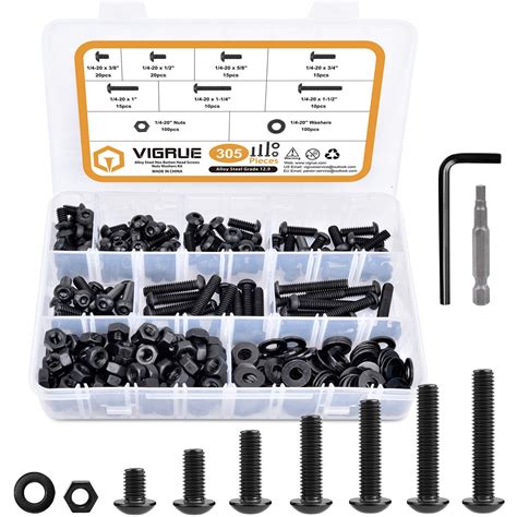 Vigrue 305pcs 14 20 Bolt And Nut Assortment Kit 14 20 Black Button
