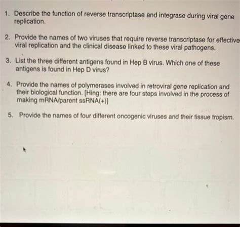Solved 1 Describe The Function Of Reverse Transcriptase And