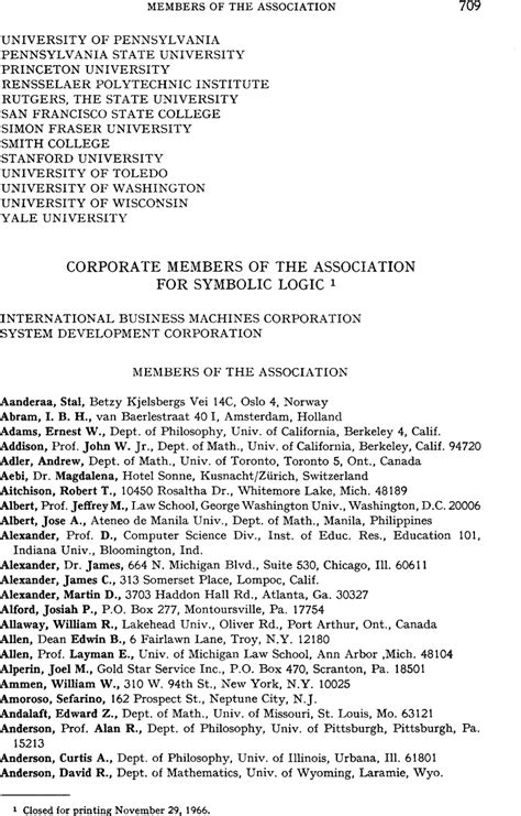 Corporate Members Of The Association For Symbolic Logic1 The Journal Of Symbolic Logic