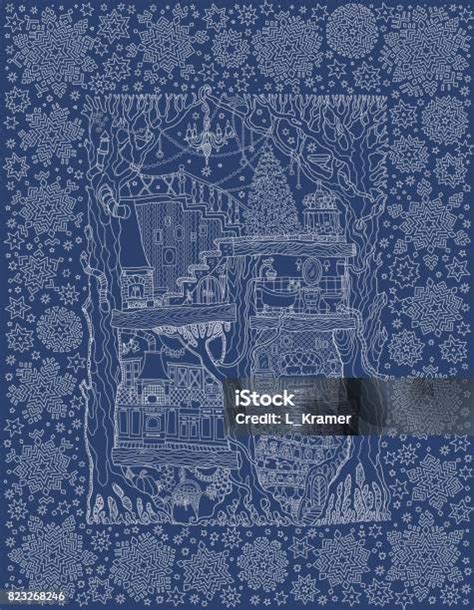 벡터 손으로 그린 판타지 동화 집 오래 된 오크 나무 밝은 회색 낙서 밑그림입니다 티 셔츠 인쇄 어두운 파란색 배경에 눈송이 프레임 새 해와 크리스마스 인사말 카드 파티