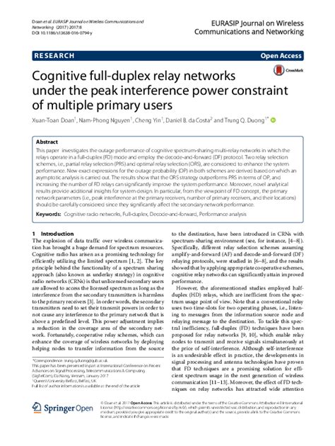 Pdf Cognitive Full Duplex Relay Networks Under The Peak Interference Power Constraint Of