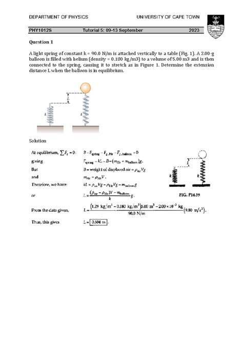 PHY1012S Tut 5 And Solutions DEPARTMENT OF PHYSICS UNIVERSITY OF CAPE TOWN PHY1 012 S Tutorial