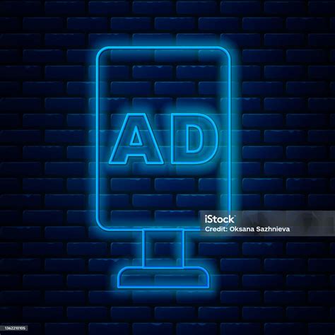벽돌 벽 배경에 고립 된 빛나는 네온 라인 광고 아이콘 마케팅 및 홍보 프로세스의 개념 반응형 광고 소셜 미디어 광고 벡터 0명에 대한 스톡 벡터 아트 및 기타 이미지